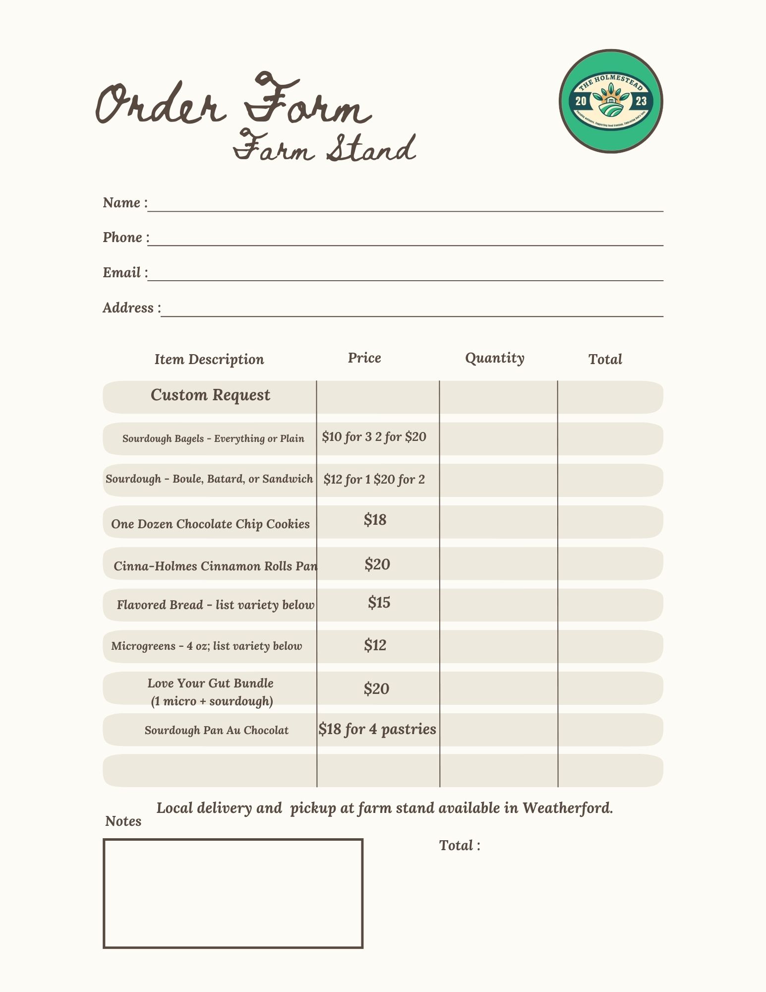Order Form – The Holmestead